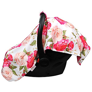 Baby Car Seat Canopy Cover - Hot Pink on White Roses