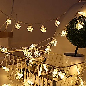 50 Led Snowflake LED Lights with Remote Control Timer, Battery Powered Snowflake Shaped LED String Lights for Christmas Indoor Outdoor, Party,Festival Garden Decor (Warm-White Snowflake, 16.5)