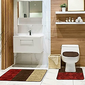 Block Design Non-Slip 3 Piece Bathroom Mat Set (Burgundy)