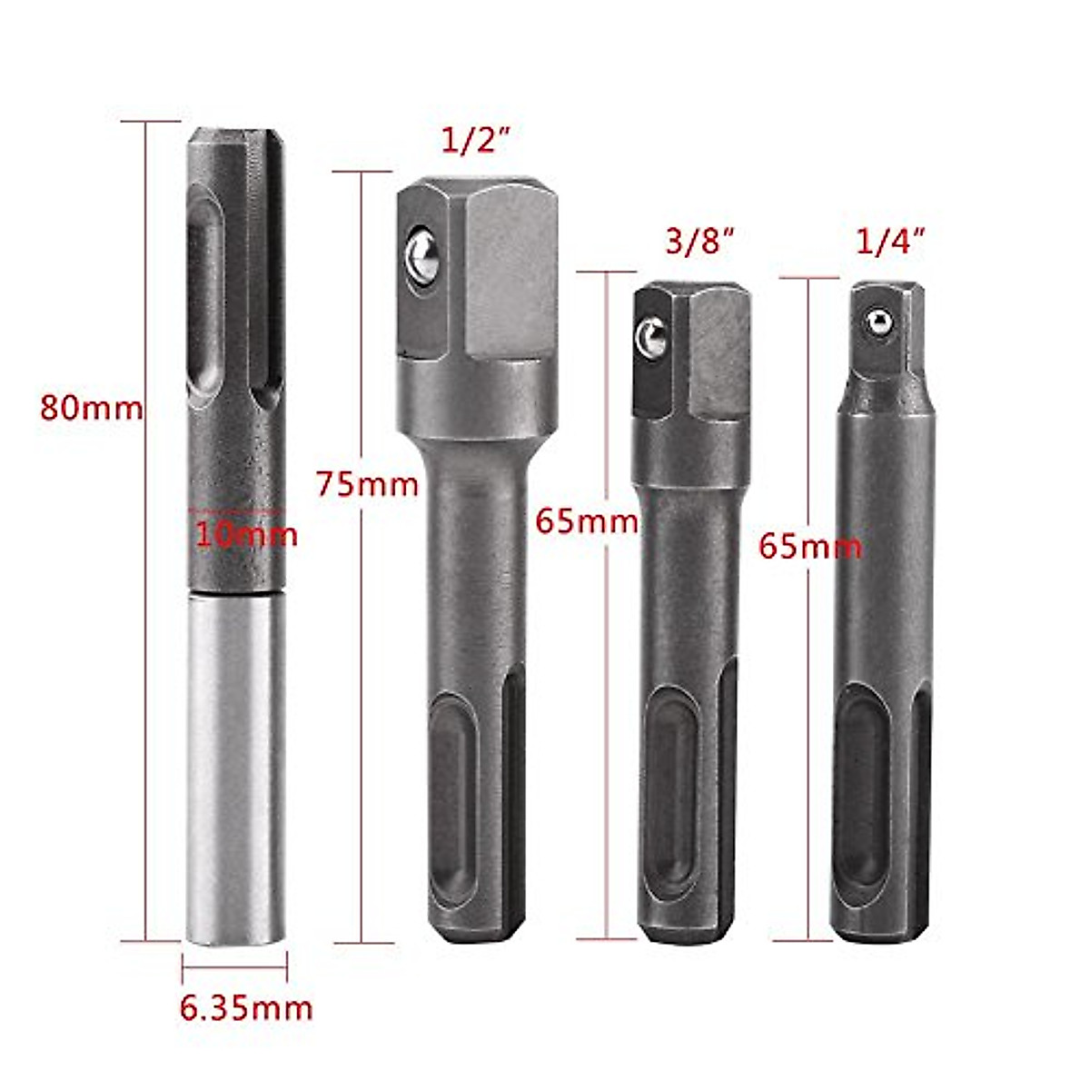 4Pcs Set SDS Plus Shank to 1/4" Hex Socket Adaptor and 1/4" 3/8" 1/2" Head Drill Bit Extension Connector