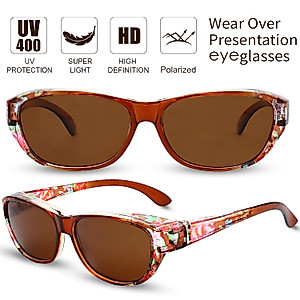 The Fresh High Definition Polarized Wrap Around Shield Sunglasses for Glasses - Leather Eyeglasses Case (F3 Brown/Floral Flower Print, Brown)