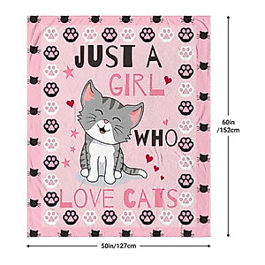Cute Cat Throw Blanket Ultra Soft Warm Cozy Lightweight Microfiber Blankets, Just a Girl Who Loves Cats, Flannel Sherpa Fuzzy Fluffy Plush Throws for Sofa Couch Bedding All Season 60"x50"