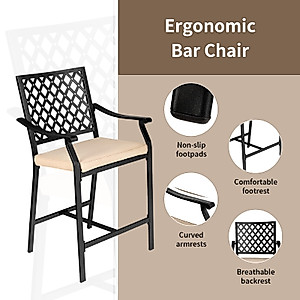 Tangkula 3 Piece Patio Bar Bistro Set, Outdoor Bar Height Stool & Table, Ergonomic Seat with Comfortable Cushion, Reinforced Steel Structure, Outside Dining Set for Poolside, Backyard (Beige)