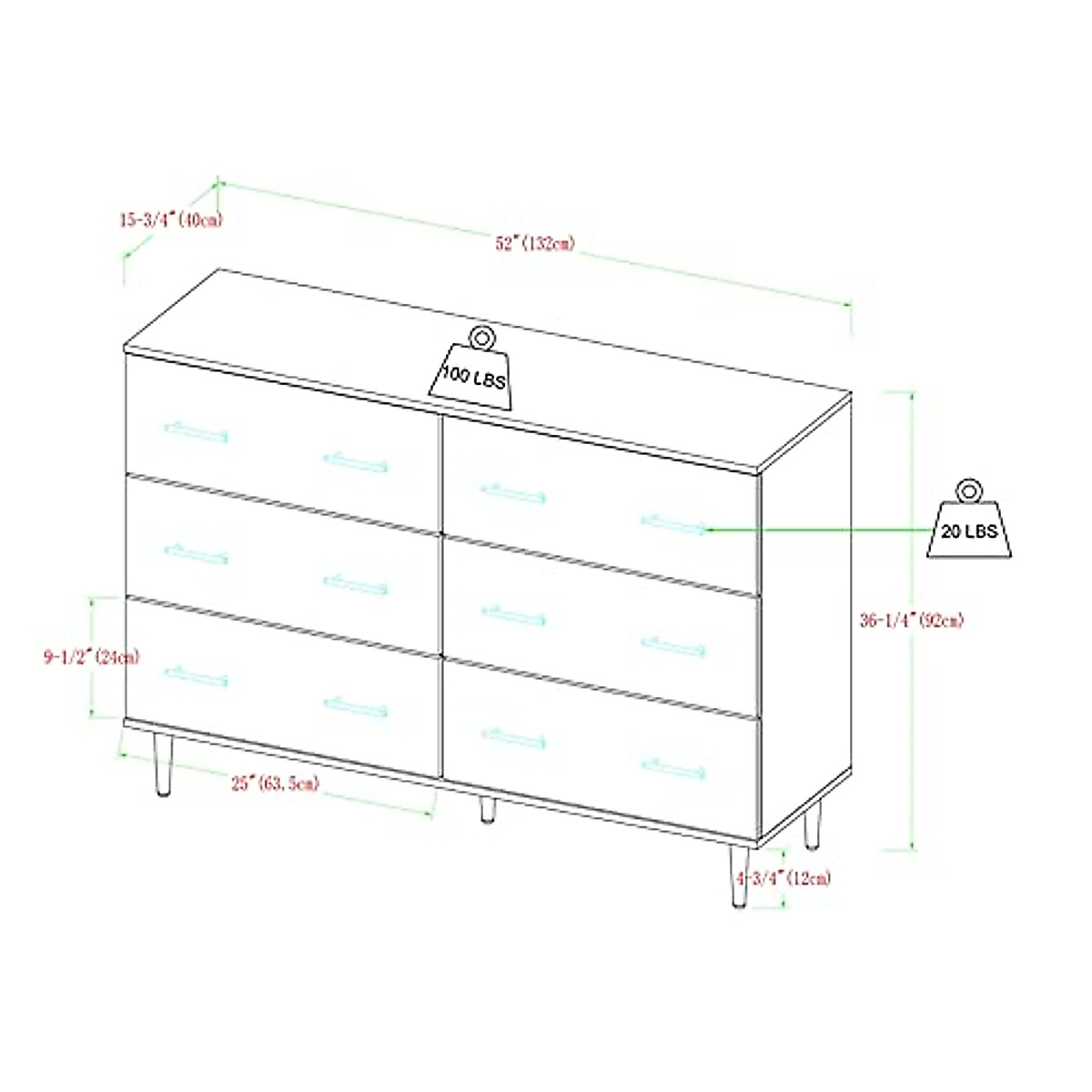 Walker Edison Mila Modern 6 Drawer Storage Buffet, 52 Inch, White and Rustic Oak