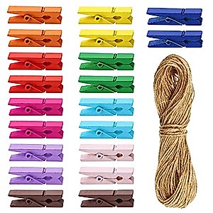 Penta Angel 120PCS Mini Bright Colored Spring Natural Wooden Clothespins Photo Paper Peg Pin Craft Clips with Twine
