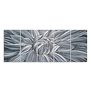 Yihui Arts Silver Metal Flower Wall Art, 5 Pieces Aluminum Artwork, Contemporary Botanical Sculpture for Living Room Bedroom Bathroom Decor