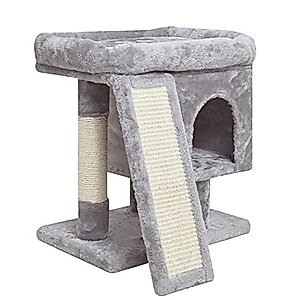 SYANDLVY Small Cat Tree for Indoor Cats, Modern Cat Activity Tower with Plush Perch, Kittens Condo with Scratching Post and Board, Cat Cave (Light Grey)