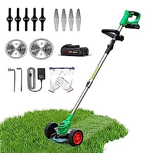 HUDAEN Cordless Grass Trimmer Weed Wacker, 3-in-1 String Trimmer Lawn Edger with 21V 2Ah Li-ion Battery for Garden and Yard with Wheel, Lightweight Adjustable Height Weed Eater Tool (Green)
