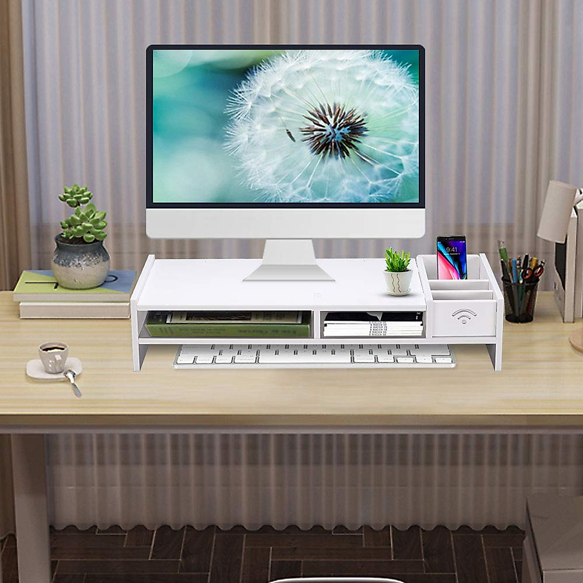 Monitor Stand Riser, Computer Laptop Riser Shelf with Organizer Drawer (White, 19"L x 8"W x 4"H)