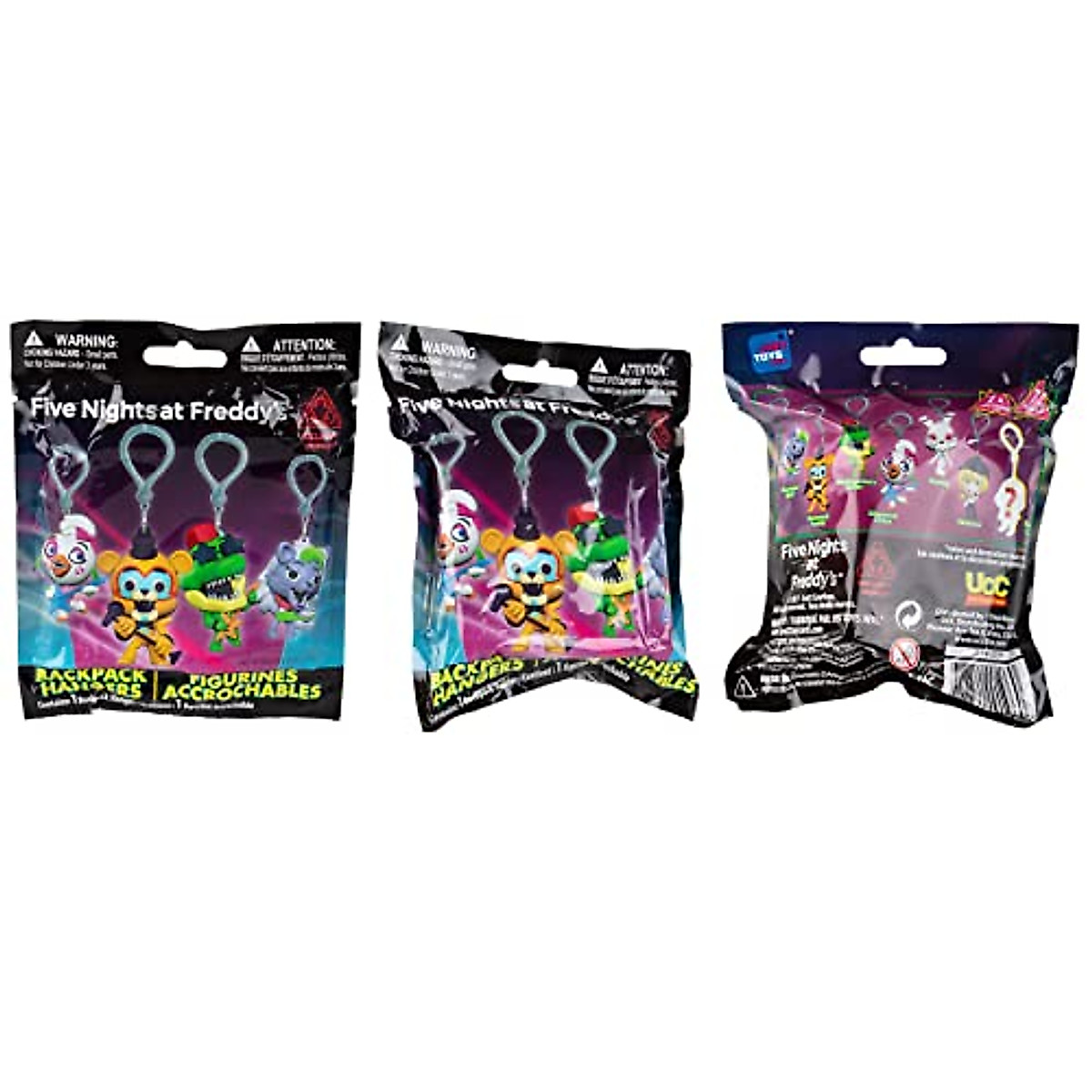 SCS Direct Five Nights at Freddy's Security Breach Mystery Blind Bag Keychain Figures, 3 Pack - Receive 3 of 7 Assorted Collectible 2" Toy Clip-on Key Chain Hanger Accessories - Gift for Kids & Teens