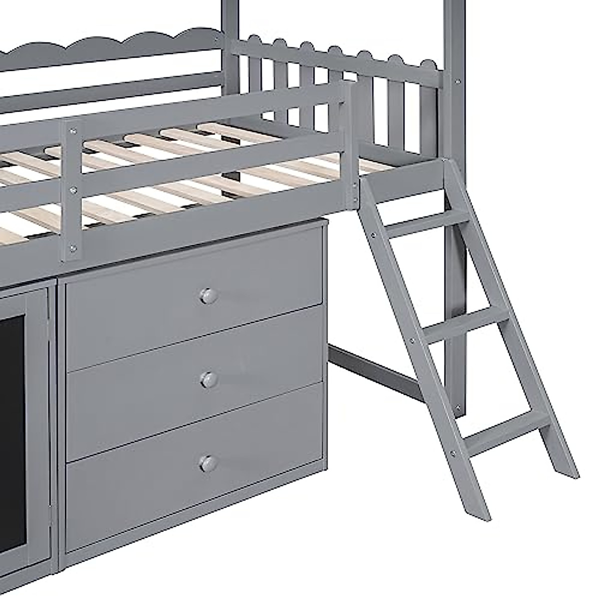 RORIGAT Twin Size House Bed Low Loft Beds for Kids, Wood Playhouse Lofts Bed with Storage Drawers and Cabinet, Fun Montessori Loft Bed with Blackboard, Fence Guardrails for Girls Boys Teens, Gray