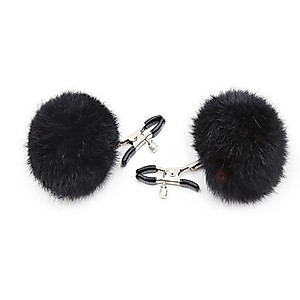 JIAHAO Furry Feather Nipple Clamps Clips Adjustable Rabbit Tail BDSM Sex Toy Unisex (Black)