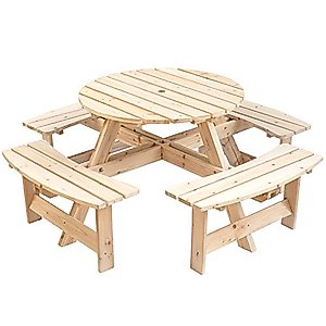 Gardenised Wooden Outdoor Patio Garden Round Picnic Table with Bench, 8 Person-Natural