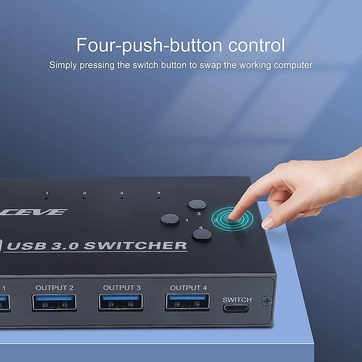 KCEVE USB 3.0 Switch, USB Switcher Selector 4 Computer Sharing 4 USB Devices Printer, Scanner, Mouse, Keyboard, Compatible with Mac/Windows/Linux, with 4 Pack USB 3.0 Cables