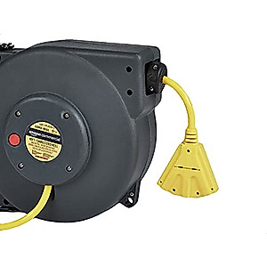 AmazonCommercial Extension Cord Reel Heavy Duty Retractable 12AWG x 40' Feet Industrial Grade 3C/SJT Cable with Triple Tap Connector and Swivel Bracket Power Rating 15A 125VAC 1875W 60Hz, Black