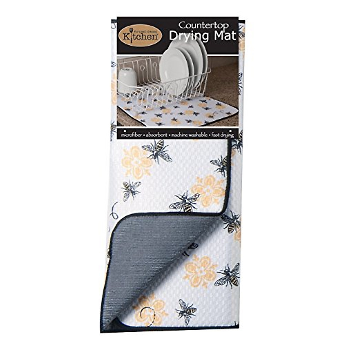 Kay Dee 3-Piece Kitchen Towel Set and Dish Drying Mat (Queen Bee Print),White