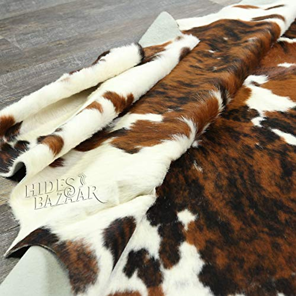 HIDES BAZAAR Light-Tricolor Cowhide Rug, White, Brown and Black Color Mix, Natural Leather Hide, Area Rug (5x7ft)