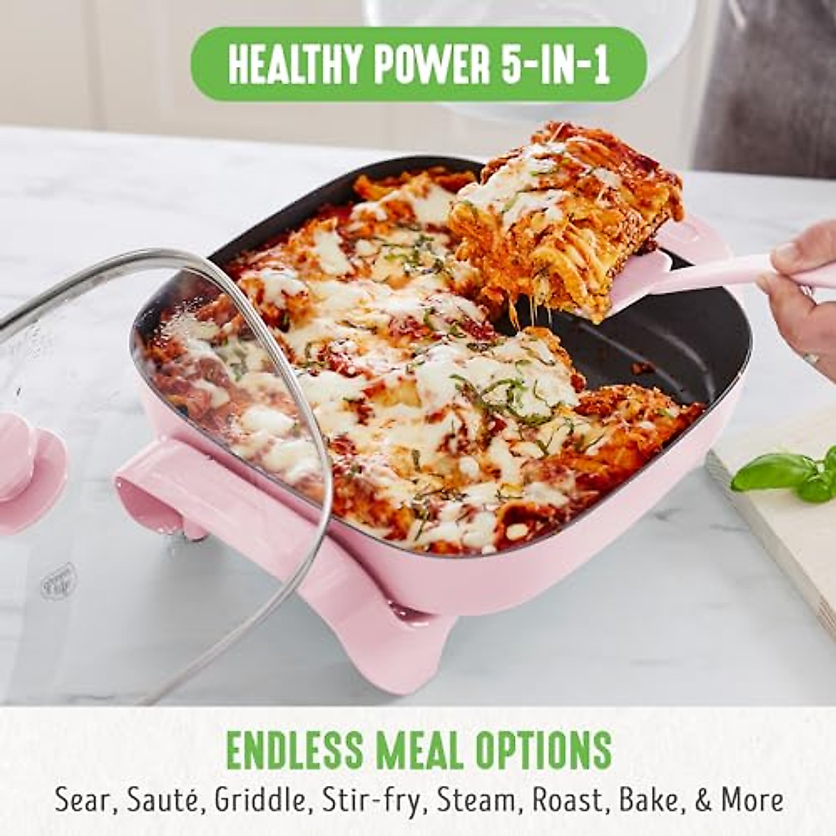 GreenLife Healthy Ceramic Nonstick, 12" 5QT Square Electric Skillet with Glass Lid, Dishwasher Safe, Adjustable Temperature Control, PFAS-Free, Pink