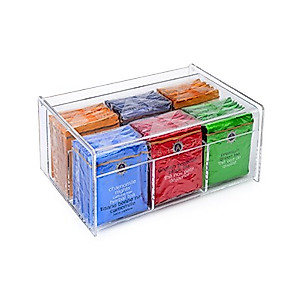 Stock Your Home Acrylic 6 Section Tea Bag Box (Clear) (8.5"L x 5.5"W x 3.5"H)