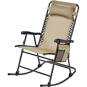 Yaheetech 26in Rocking Chair Outdoor Zero Gravity Folding Chairs Rocking Chairs Foldable Outdoor Lounge Chair for Outside Lawn with Cupholder/Pillow Ergonomic Design for Rest, Beige