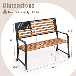 Giantex Outdoor Bench, 2-Person Metal Garden Bench with American Flag Backrest, Curved Armrests & Slatted Seat, 660 Lbs Capacity, Outdoor Bench for Lawn, Porch, Yard, Park Bench
