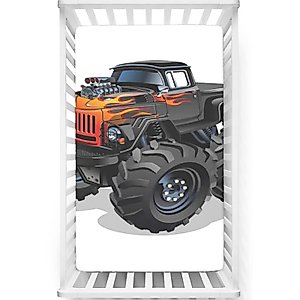 Monster Truck Themed Fitted Crib Sheet,Standard Crib Mattress Fitted Sheet Ultra Soft Material -Great for Boy or Girl Room or Nursery,28 x 52 Inch,Charcoal Grey Vermilion
