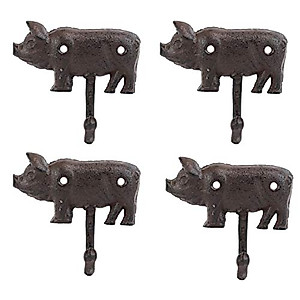 Ebros Pack of 4 Cast Iron Western Vintage Rustic Swine Bacon Pig Wall Hook Decor Plaque Multi-Purpose Coats Hats Keys Scarves Belts Towels Pet Leashes Hangers Pigs Hook