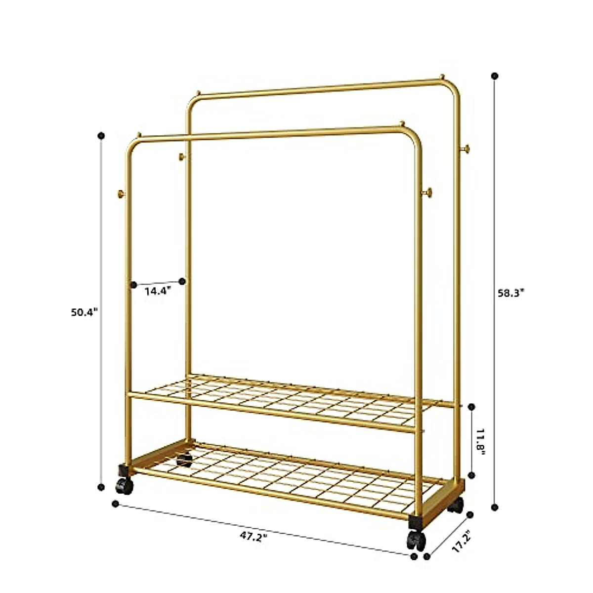 GAMNOF Rolling Metal Clothes Rack Two Shelves Clothing Rack Two Rod Garment Rack for Hanging Clothes with Caster Wheels for Clothes Hats Bags and etc Storage and Organizer