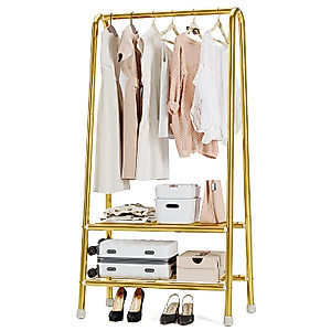 Gold Garment Rack, Metal Clothes Racks, Sturdy Clothing Racks, Premium Wardrobe Rack, Closet Organizers and Storage with Double Layer Shelf for Storing Clothes, Shoes, Bags, 24.4 * 13.8 * 62Inches
