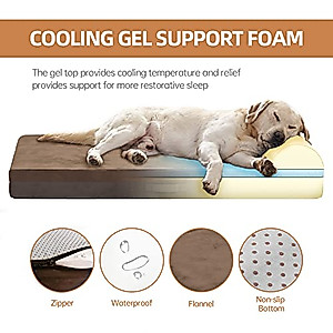 Orthopedic Dog Bed, Large Dog Bed with Pillow, Thicken Gel Memory Foam Flannel Fabric Dog Bed, Durable Waterproof Liner & Removable Washable Cover with Anti-Slip Bottom, Sizes Large Brown