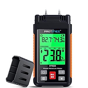 Protmex HT633 Digital Wood Moisture Meter, Water Leak Detector, Pin Type, Three Colors Backlit LCD Display With Visual High-Medium-Low Moisture Content, Temperature and Humidity Measure (Pin-type)