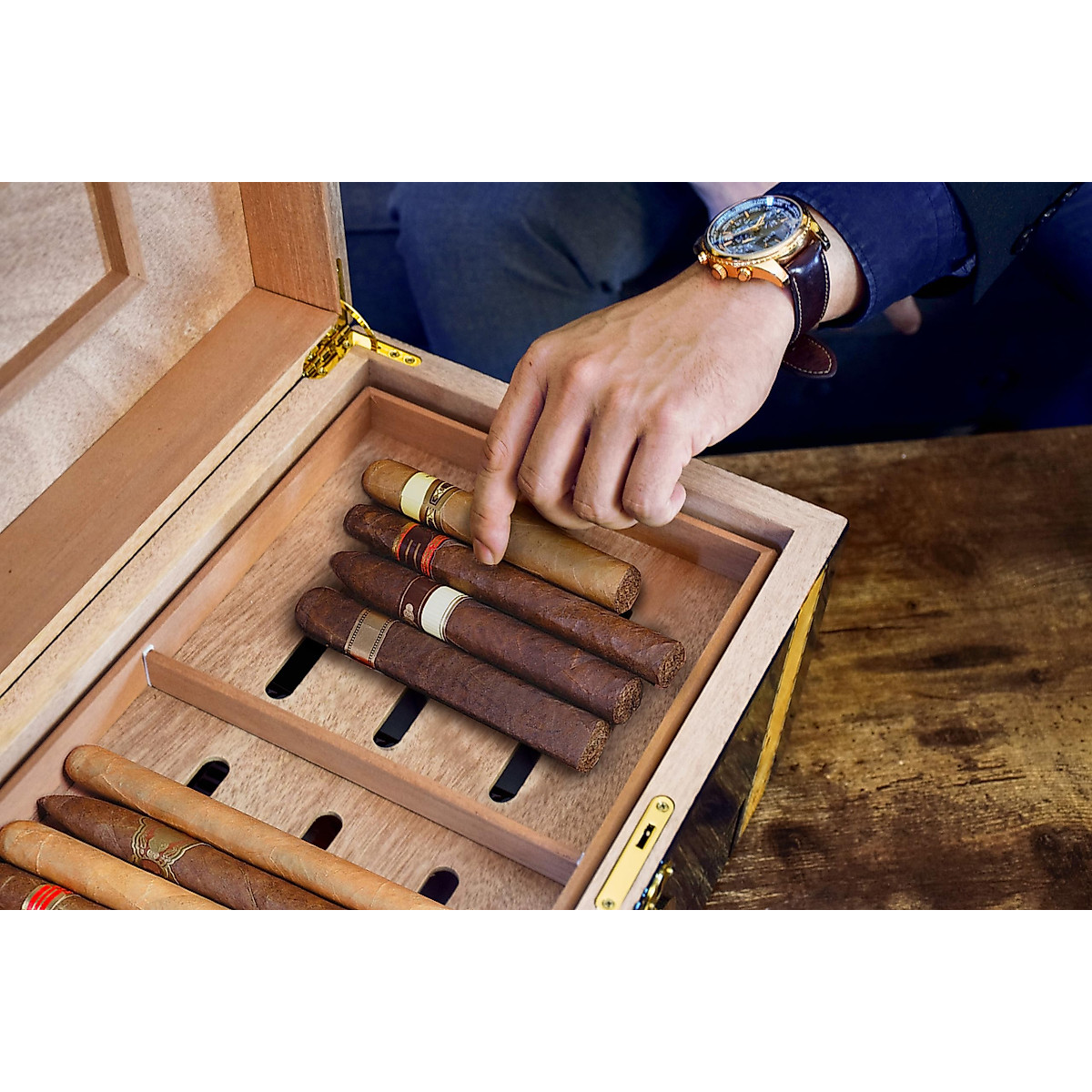 69Bourbons Exotic Cigar Humidor - Large Ebony Wood Storage Box with Spanish Cedar Wood Interior, Accessory Drawer, Exterior Hygrometer - Airtight Humidity, Removable Dividers - Cabinet for 150 Cigars