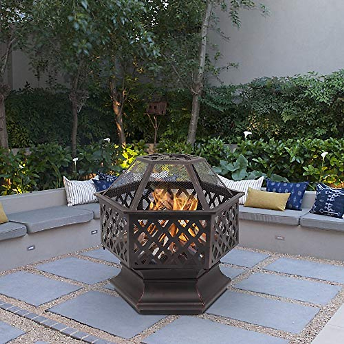 Lovinland 22" Hexagonal Shaped Iron Brazier Wood Burning Fire Pit Decoration for Backyard Poolside