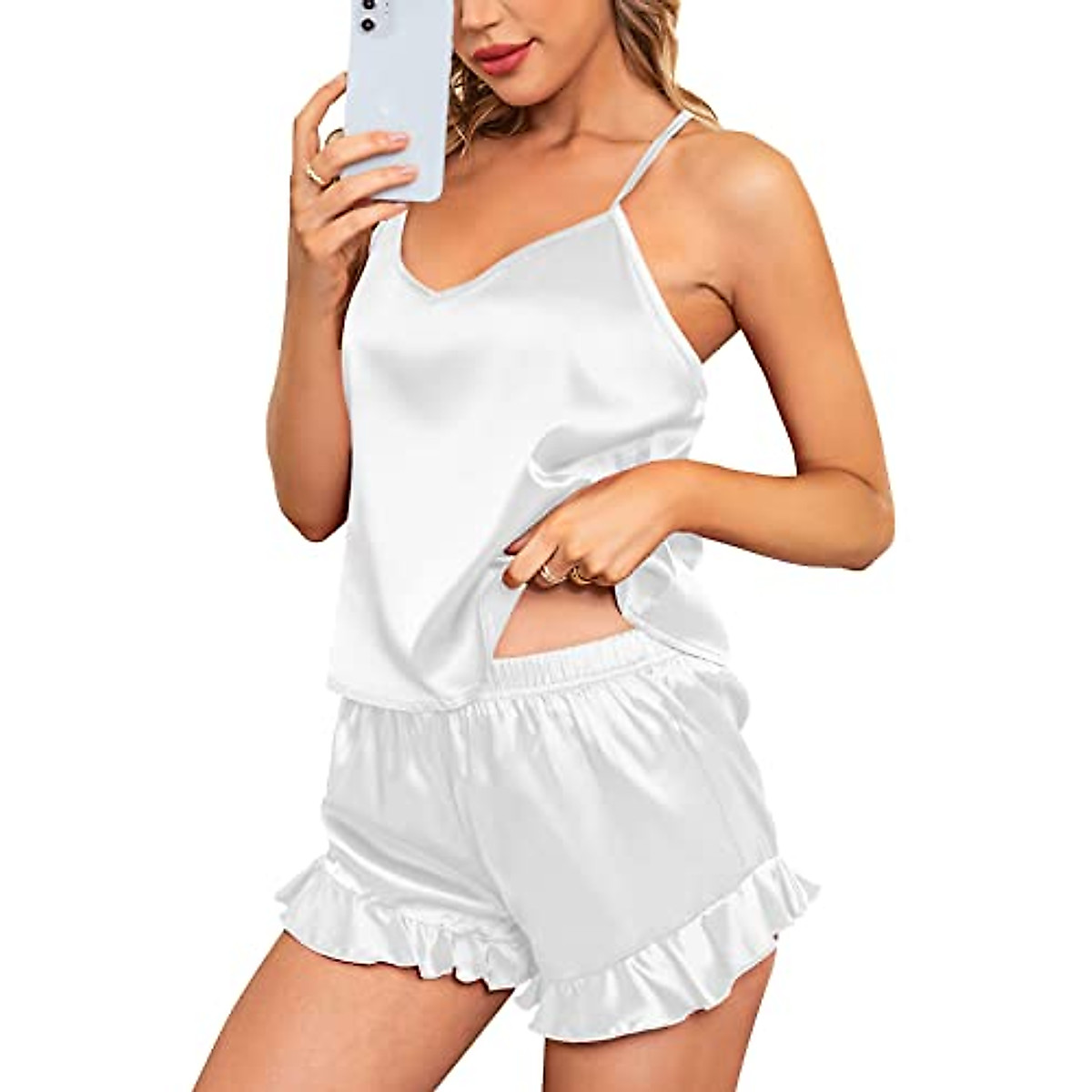 Senert Women Silk Pjs Set Lingerie Racerback Cami Tops Ruffled Shorts Sets Pajamas for Women White,M