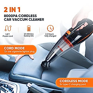 ENGINDOT Car Vacuum Cleaner, 8Kpa High Power Handheld Vacuum, 30 Mins Runtime 12V Cordless Car Vacuum, 2-Way Powered, Accessories Kit for Car Interior and Home Cleaning