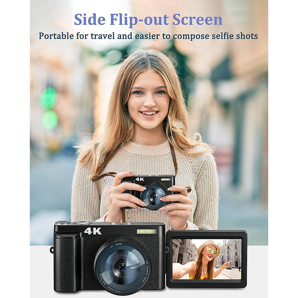 4K Digital Camera with Flash & Selfie, 48MP Camera for Photography with Autofocus 16X Zoom, Anti-Shake Vlogging Camera Compact Travel Digital Cameras with Flip Screen, 32GB Memory Card, Two Batteries