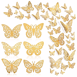144 Pcs Gold Butterfly Wall Decor, Butterfly Cake Toppers 3D Butterfly Stickers 6 Styles and 3 Sizes, Removable Mural Stickers Decorative Butterflies Metallic Butterfly Decorations for Walls