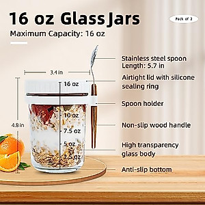 SMARCH Overnight Oats Jars with Lid and Spoon Set of 2, 16 oz Large Capacity Airtight Oatmeal Container with Measurement Marks, Mason Jars with Lid for Cereal On The Go Container (white)