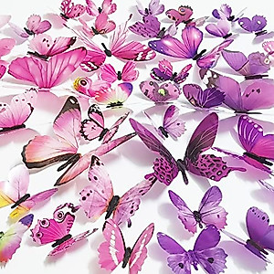 Ewong Butterfly Wall Decals 48PCS 3D Butterflies Decor Removable Mural Sticker Wall Art Home Decoration Kid Girl Bedroom Bathroom Baby Room Nursery Classroom Office Party (Pink Purple)
