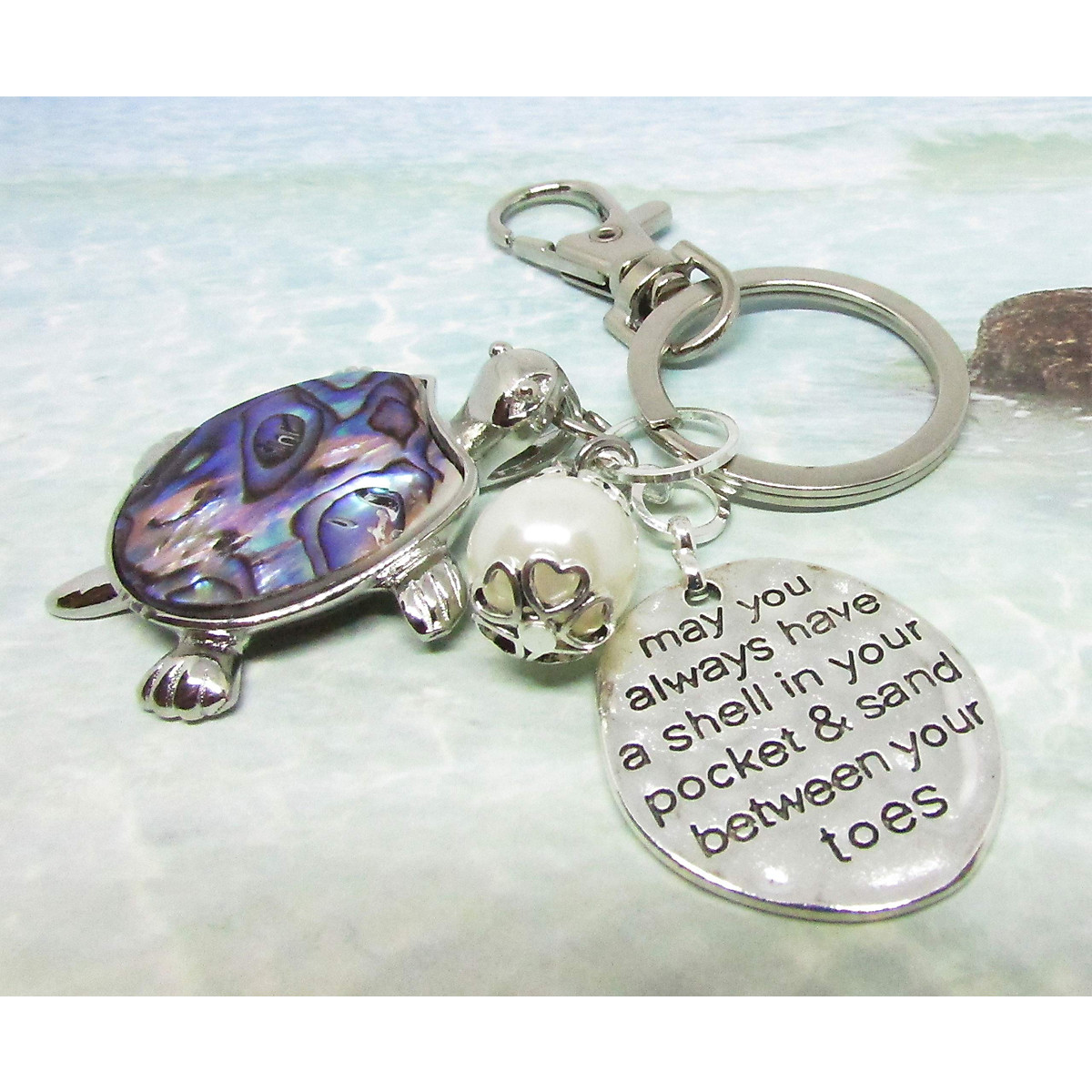 Sea Turtle Keychain - Beach Inspired Gifts - Abalone Shell Turtle Keyring - Birthday Gifts for Women
