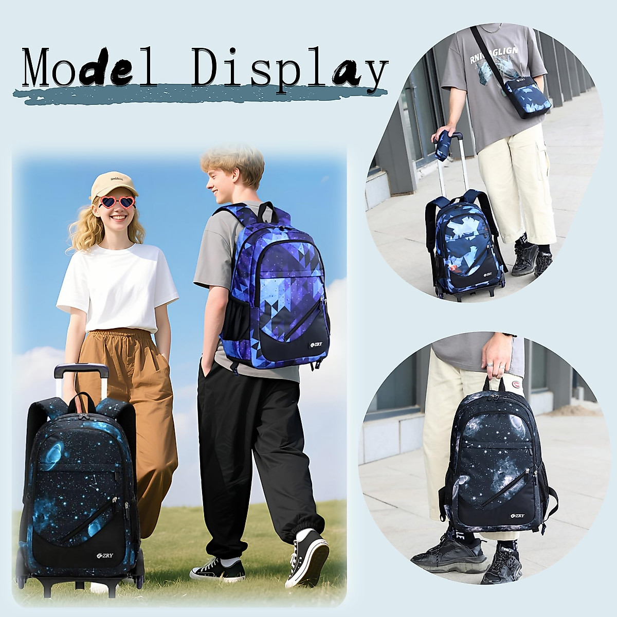 Bansusu 3Pcs Black Galaxy Primary Middle School Bag Rolling Backpack Set for Elementary Boys Wheeled Bookbag with Six Wheels