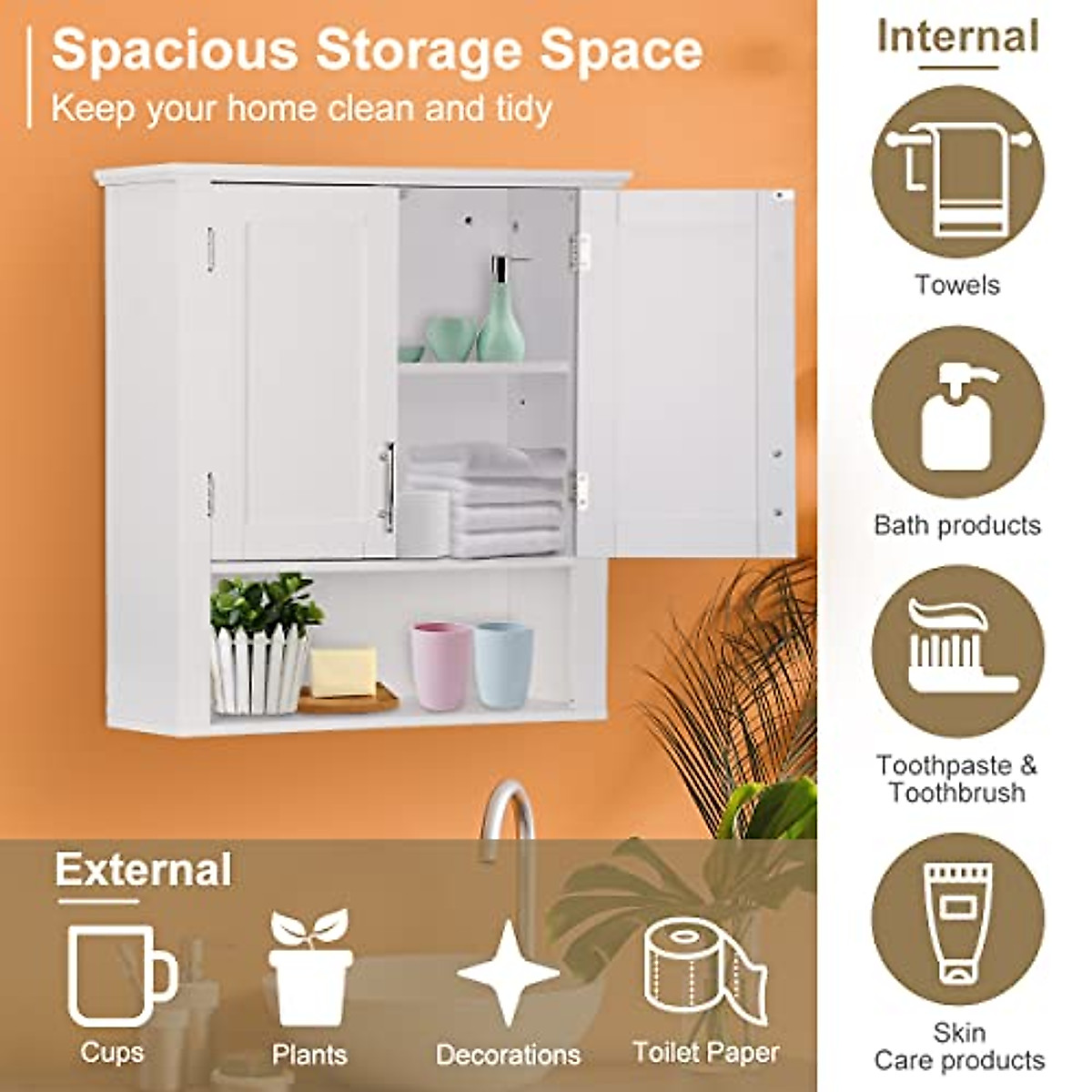 ZenStyle Bathroom Wall Cabinet Over The Toilet, White Medicine Cabinet with 2 Doors and Adjustable Inner Shelves, for Bathroom, Living Room
