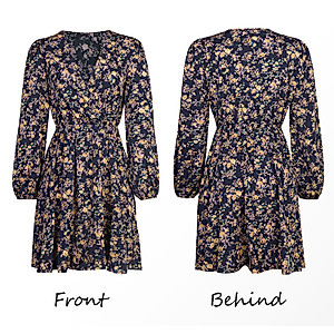 CUPSHE Women's V Neck Ditsy Floral Mini Dress Long Sleeve A Line Dress Surplice Short Dress Multicoloured