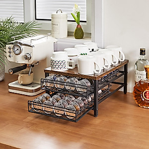 IBUYKE 2-Tier Coffee Pod Drawer Holder for Nespresso, Capsule Pods Storage Organizer, Compact Under Coffee Pot Storage Drawer, Slim Home Kitchen Counter Organizer TCJ102H, Rustic Brown