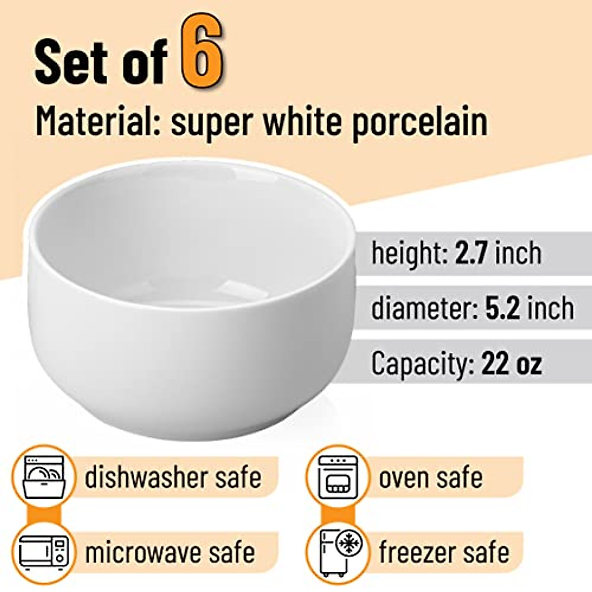 Brew To A Tea BTaT- White Cereal Bowls, Set of 6, 22 Ounces, itchen Bowls, Soup Bowls, White Bowls, Salad Bowls, Cereal Bowl, Salad Bowl Set, Microwave Safe Bowls, Rice Bowls, Bowls Set, Dinner Bowls