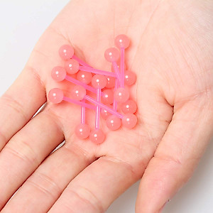 CrazyPiercing 10Pcs 14G 16mm Glow in The Dark Flexible Acrylic Tongue Ring or Nipple Ring Staight Tongue Barbell Retainer Piercing Jewelry (Pink)