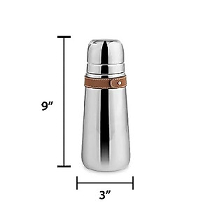 Nambe - Tahoe Collection - Stainless Steel Cocktail Shaker with Leather Accent and Strainer Top - Measures at3" x 9" - Removable Leather Accent