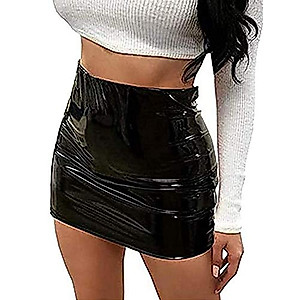 Michellecmm Women's Neon Leather Mini Skirt PU Bodycon Pencil Sexy Slim High Waist Elastic Pencil Latex Skirt Party Clubwear (Aa Black, M)