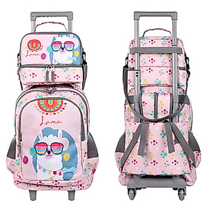 seastig Rolling Backpack 18in Double Handle Backpack Kids Wheeled Backpack Roller Backpack with Lunch Bag Set Girls Boys, Alpaca with Sunglasses