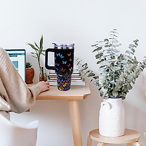 PERRIFIC Butterfly Tumbler 40 oz Tumbler with Handle and Straw Lid Leak Proof - Butterfly Coffee Travel Mug with Handle Insulated for Hot and Cold Drink Ice - Mothers Day Birthday Gifts for Women Cup